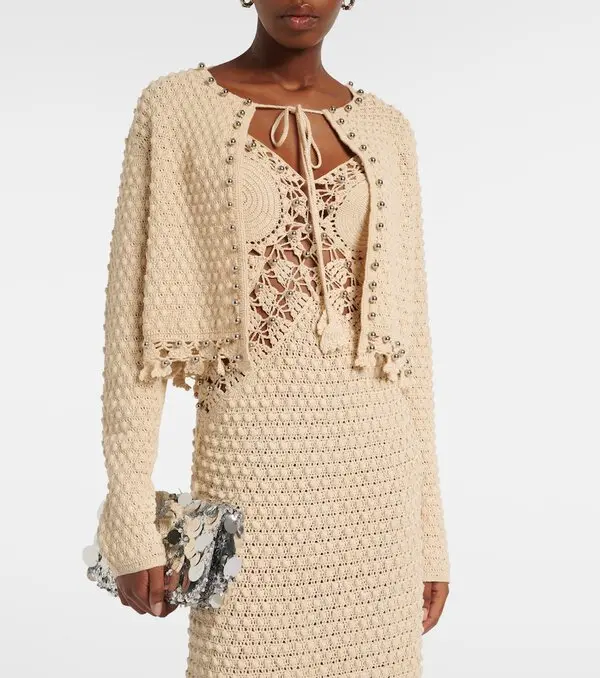 Rabanne Embellished Crochet Cotton Cardigan - Beige