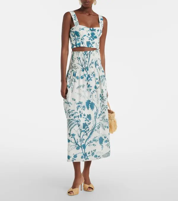 Erdem Floral Cotton And Linen Midi Skirt - Blue