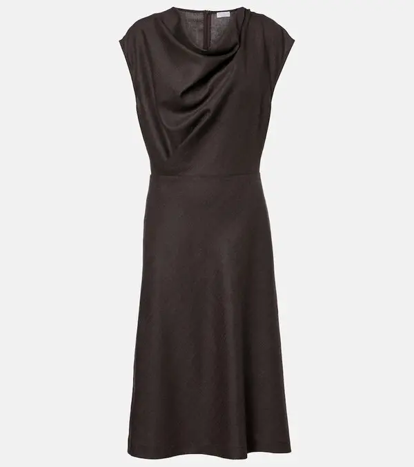 Brunello Cucinelli Draped Wool-blend Midi Dress - Brown