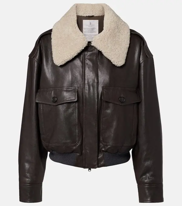 Brunello Cucinelli Shearling-trimmed Leather Bomber Jacket - Brown
