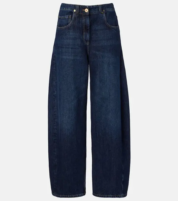 Brunello Cucinelli Barrel Leg Jeans With Leather Trim - Blue