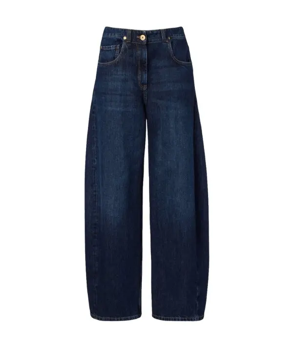 Brunello Cucinelli Barrel Leg Jeans With Leather Trim - Blue