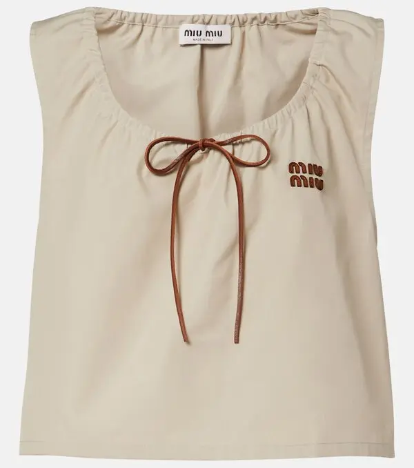 Miu Miu Leather-trimmed Cotton-blend Crop Top - Beige