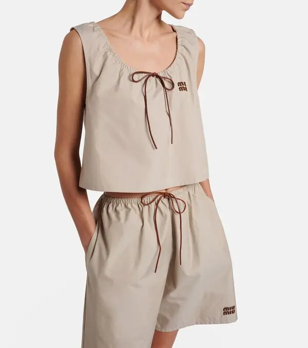 Miu Miu Leather-trimmed Cotton-blend Crop Top - Beige