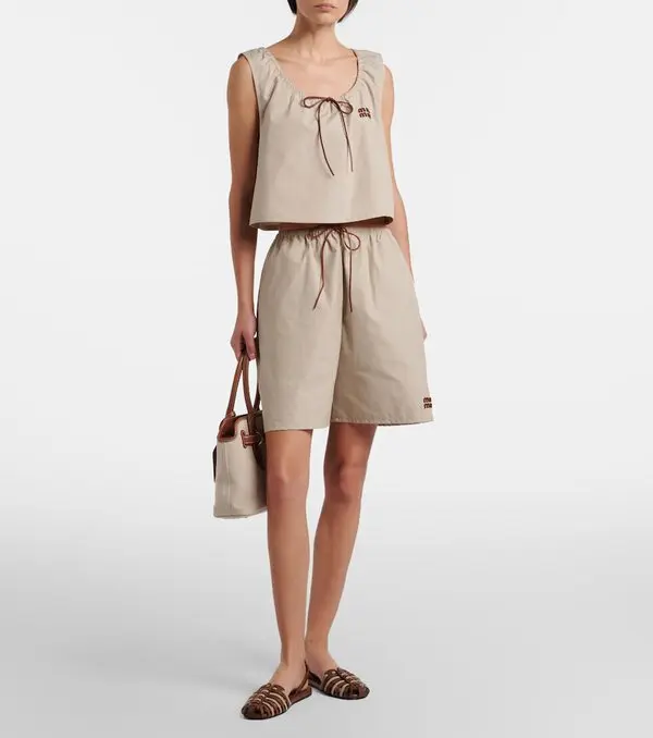 Miu Miu Leather-trimmed Cotton-blend Crop Top - Beige
