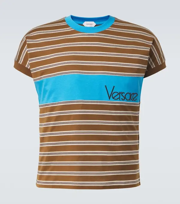Versace Logo Striped Cotton T-shirt - Brown