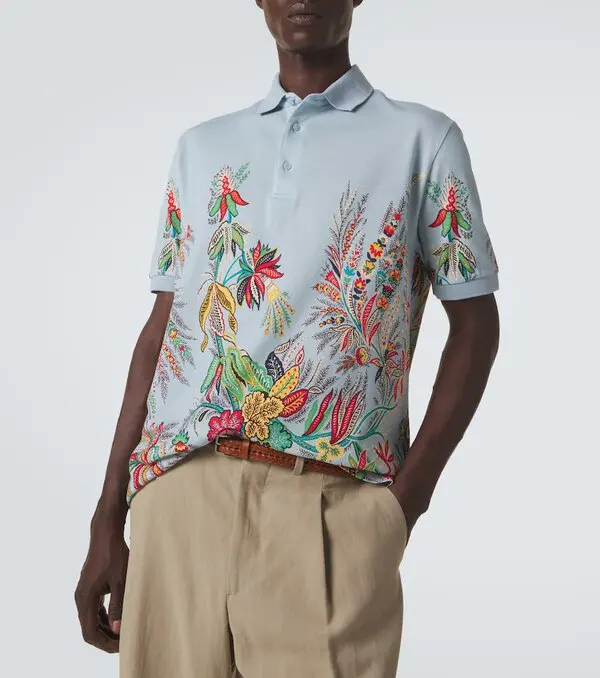 Etro Printed Cotton Pique Polo Shirt - Blue