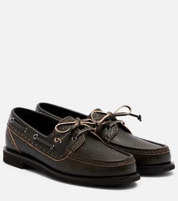 Brunello Cucinelli Monili Leather Boat Shoes