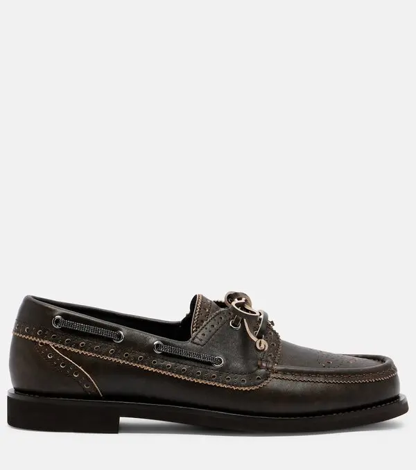 Brunello Cucinelli Monili Leather Boat Shoes