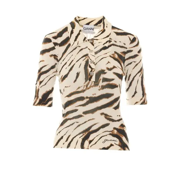 GANNI Zebra Print Short Sleeve Polo Shirt - Cream