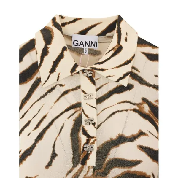 GANNI Zebra Print Short Sleeve Polo Shirt - Cream