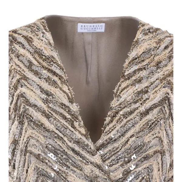 Brunello Cucinelli Sleeveless V-neck Gilet With Chevron Print And Appliqu - Cream