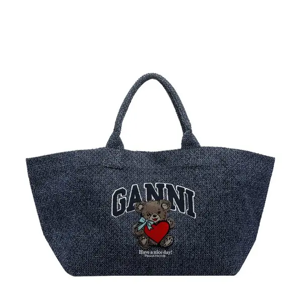 GANNI Large Tweed Shopper Bag With Embroidered Logo - Blue