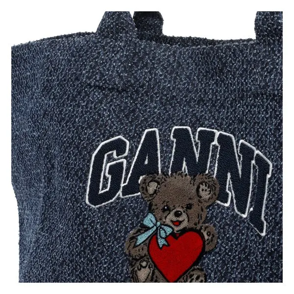 GANNI Large Tweed Shopper Bag With Embroidered Logo - Blue