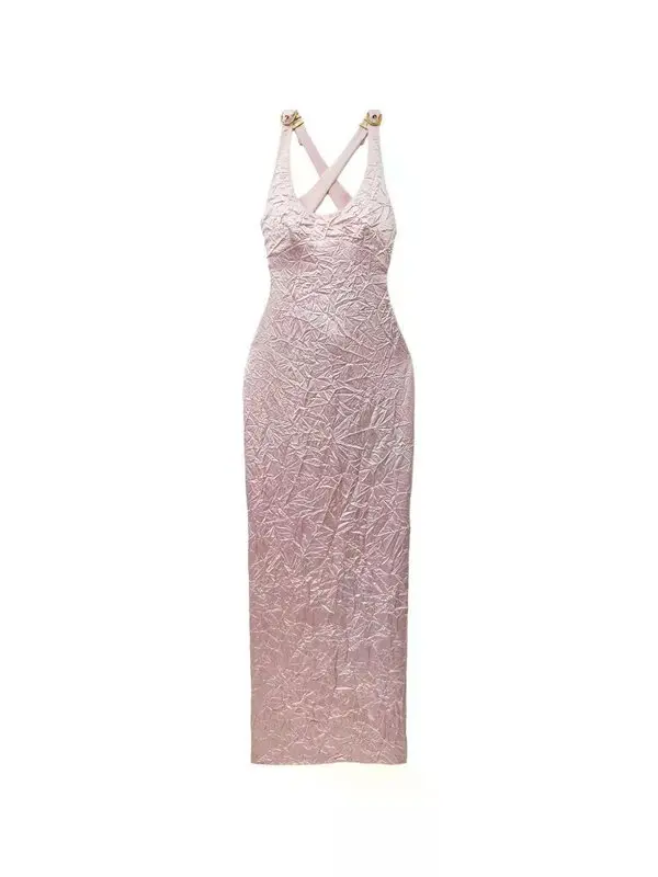 Versace Cady Satin Gown With Embellished Criss-cross Straps