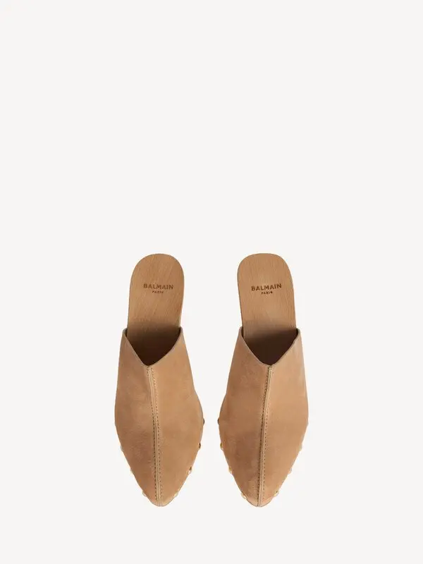 Balmain Wedge Clogs In Suede And Wood With Gold Studs - Beige
