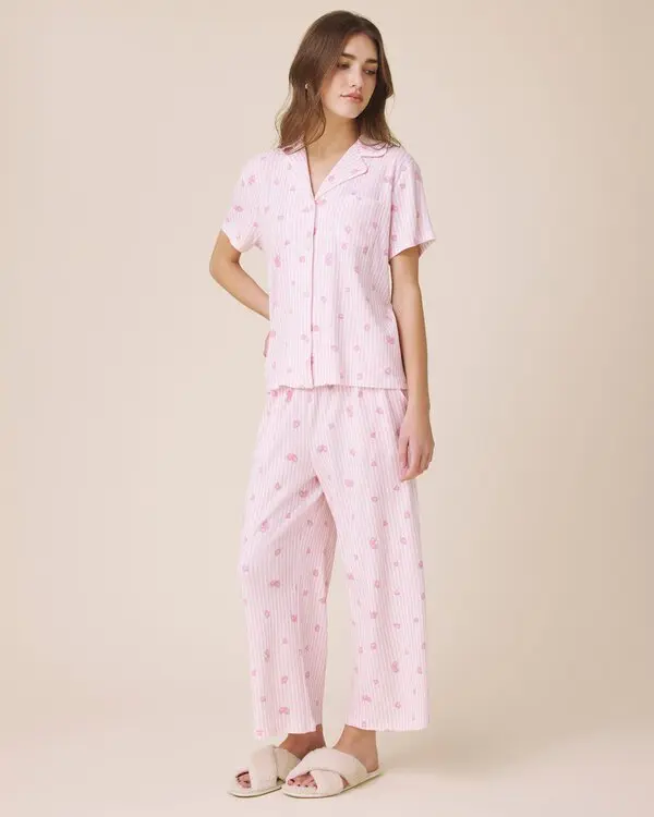 Splendid Notch Top And Crop Pant Pajama Set With Strawberry Print - Strawberries And Stripes
