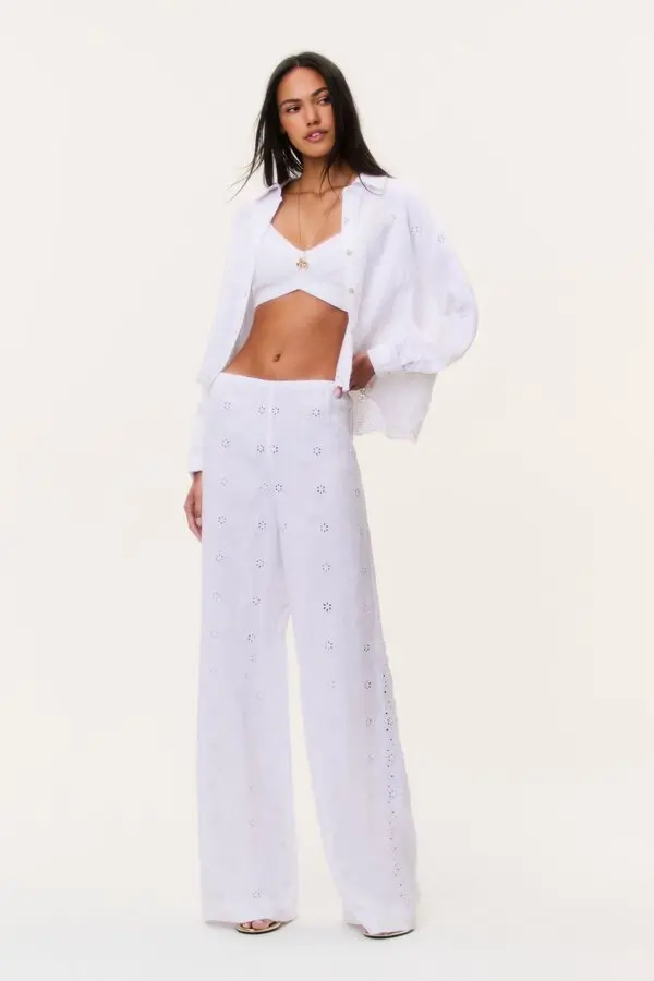 LoveShackFancy Cinna Wide Leg Eyelet Linen Pants