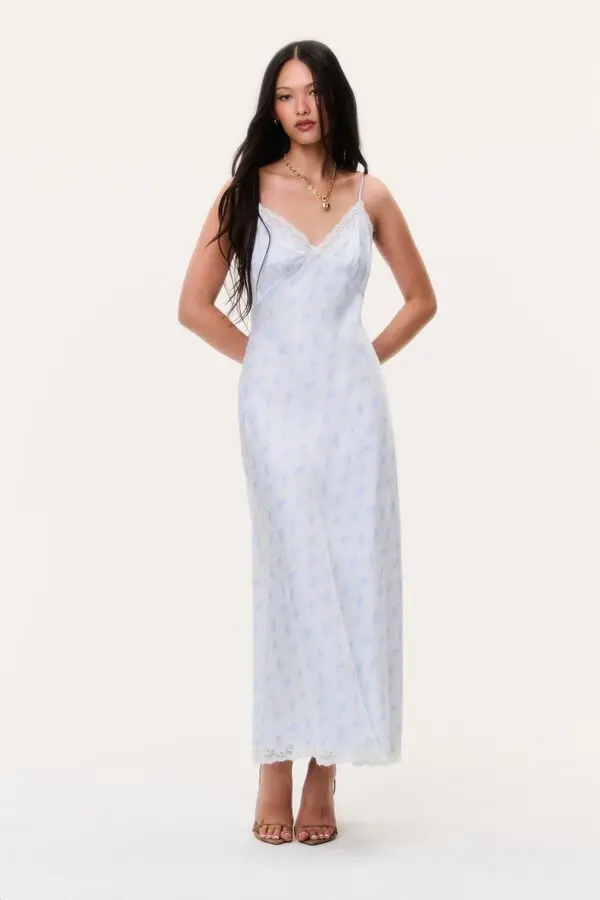 LoveShackFancy Manuela Silk-blend Maxi Slip Dress With Lace Trim - Seabreeze Blue