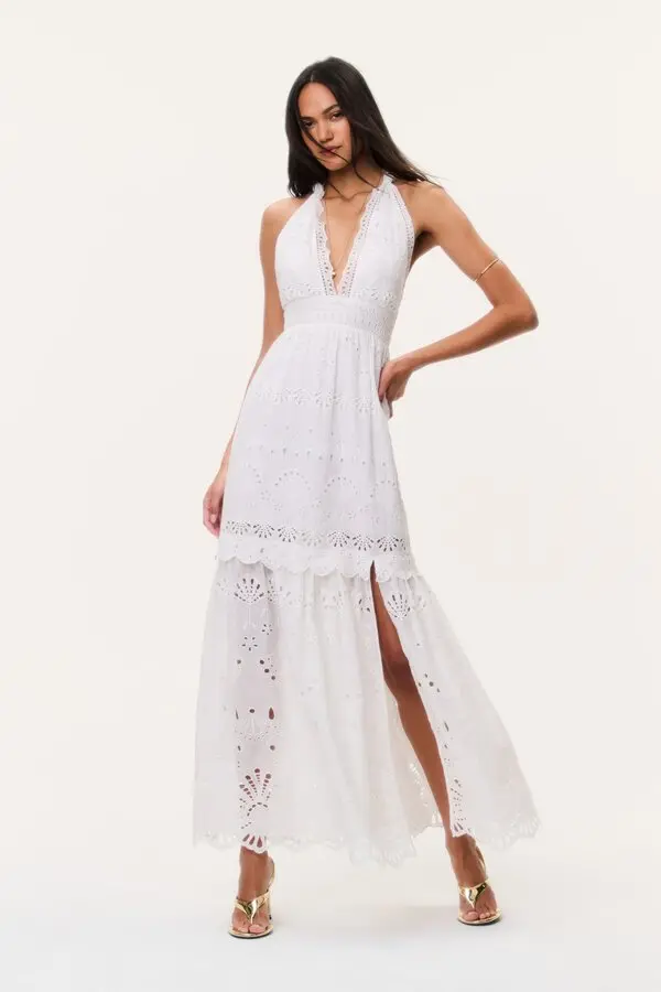 LoveShackFancy Trix Eyelet Halter Maxi Dress - Optic White