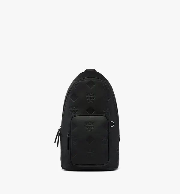 Mcm Aren Sling Bag In Embossed Monogram Leather - Black
