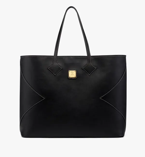 Mcm Calfskin Leather Shopper With Bavarian Diamond Print Pouch - Black