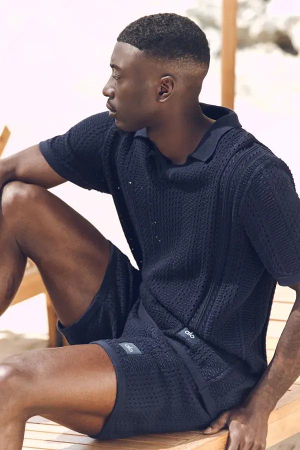 Alo Yoga Coastline Knit Short Sleeve Polo Top - Navy