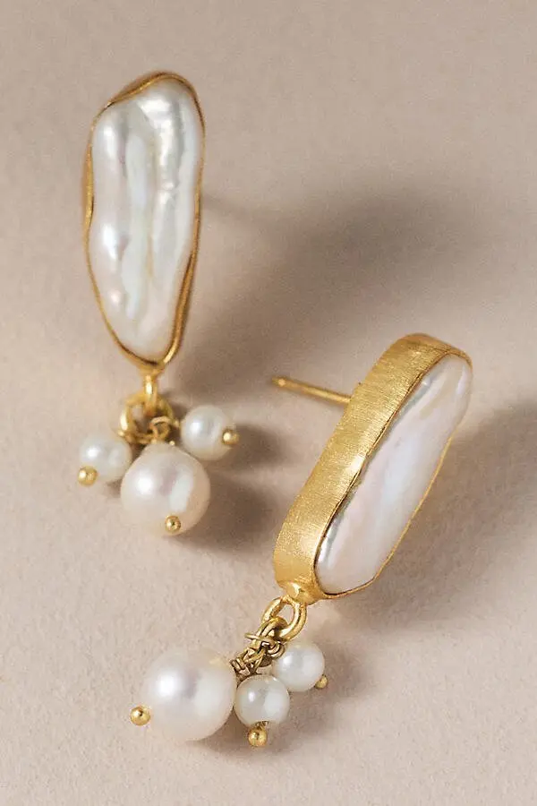 Anthropologie Bezel Freshwater Pearl Drop Earrings - Gold