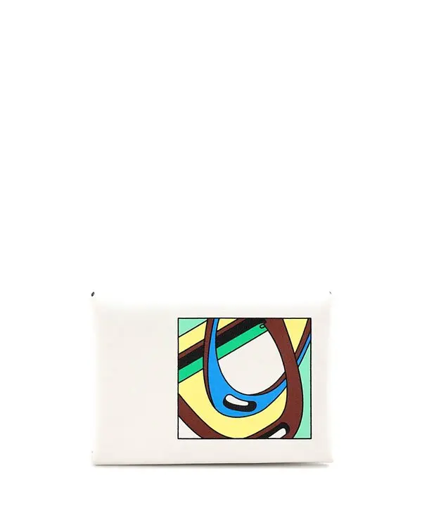 Hermès Calvi Duo Card Holder Printed Leather - White / Brown