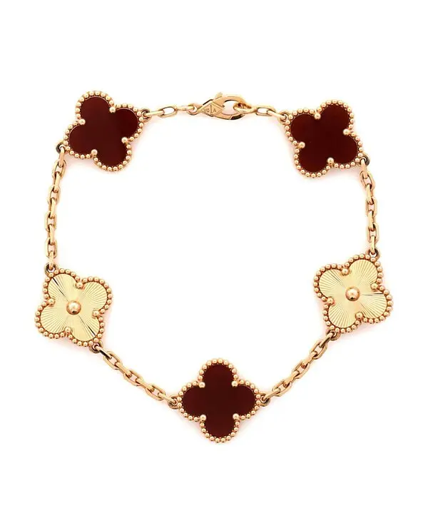 VAN CLEEF & ARPELS Vintage Alhambra 5 Motifs Bracelet Guilloche 18k Rose Gold And Carnelian - Pink