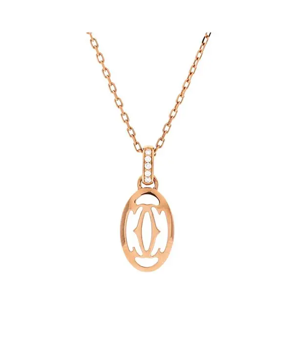 CARTIER Logo Double C Pendant Necklace 18k Rose Gold With Diamonds, 16.25 - Pink