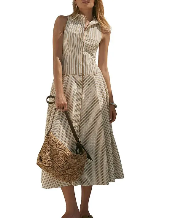 Mint Velvet Striped Button Midi Shirt Dress - Neutral