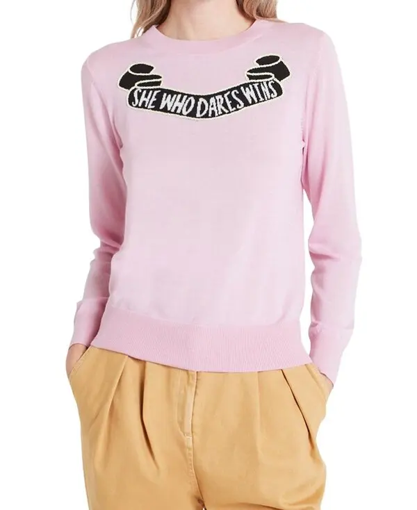 TEMPERLEY LONDON She Who Dares Wins" Intarsia Ribbon Banner Merino Wool Sweater