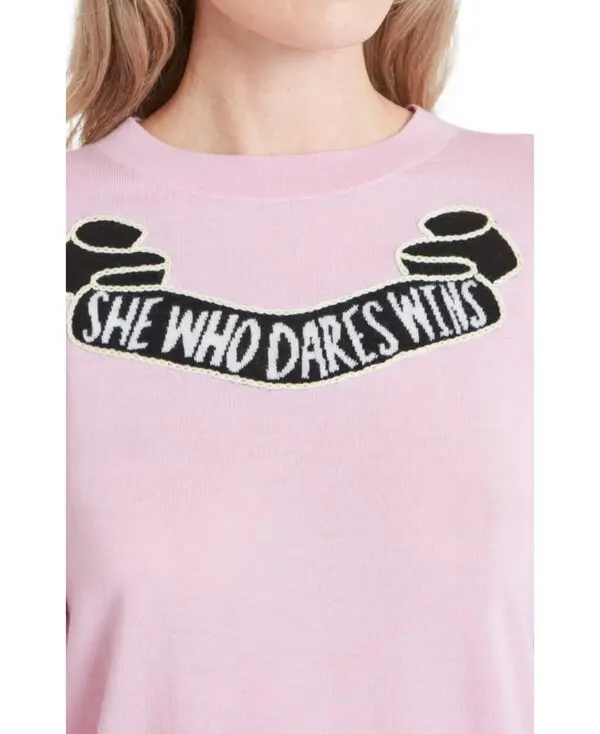 TEMPERLEY LONDON She Who Dares Wins" Intarsia Ribbon Banner Merino Wool Sweater
