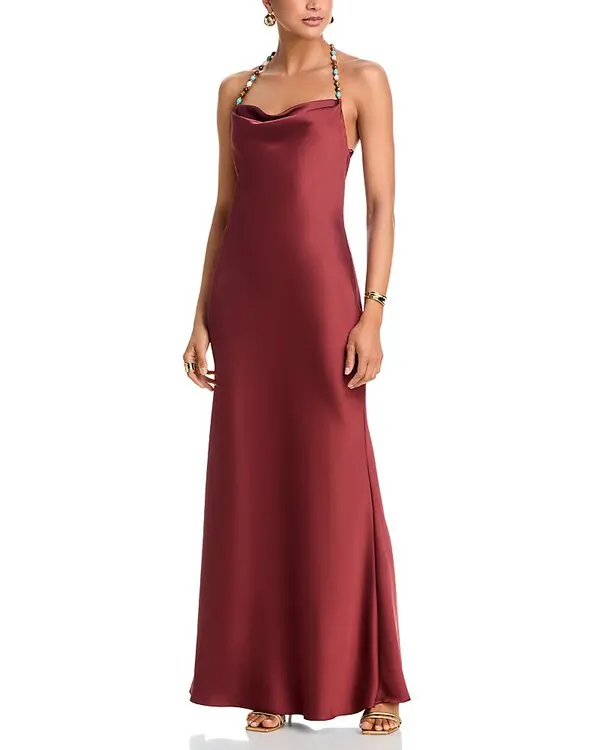 Aqua Satin Beaded Strap Maxi Dress