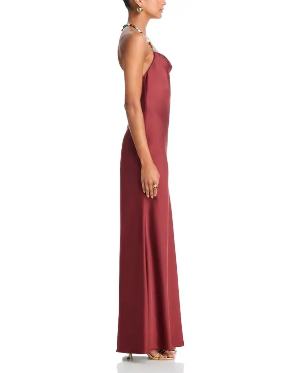 Aqua Satin Beaded Strap Maxi Dress