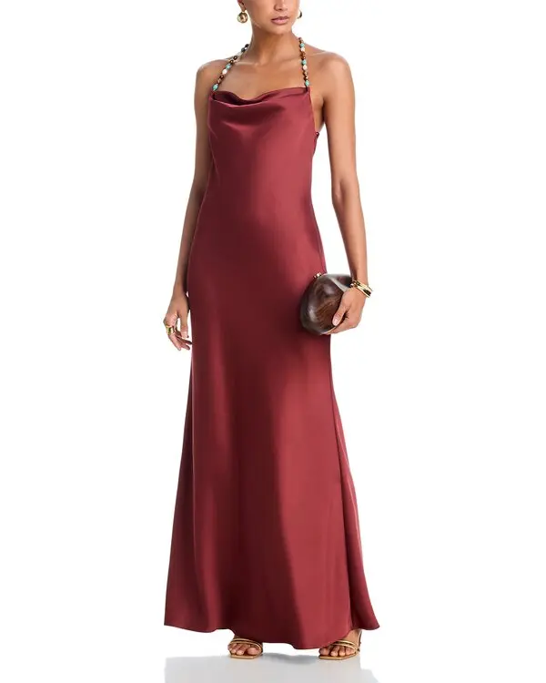 Aqua Satin Beaded Strap Maxi Dress