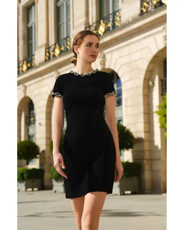 EMILY SHALANT Crystal Chain Embellished Stretch Crepe Mini Dress