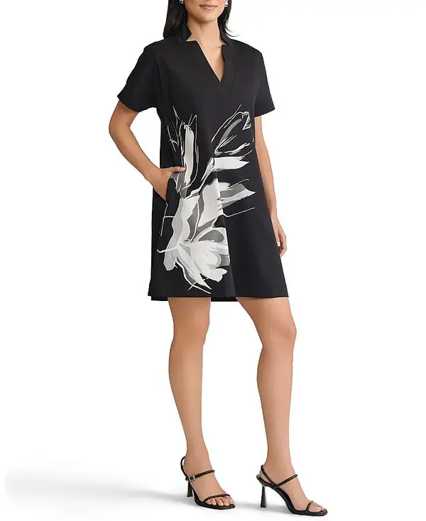 Ming Wang Floral Printed Stretch Cotton A-line Dress - Black/white