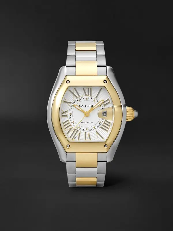 Cartier Roadster Automatic 47.2mm Watch In 18k Gold And Stainless Steel With Interchangeable Leather Strap - White