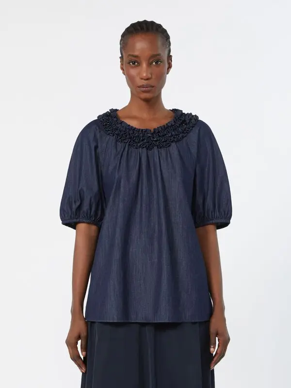 Max Mara Cotton Denim Blouse With Ruffled Neckline And Jewel Embroidery