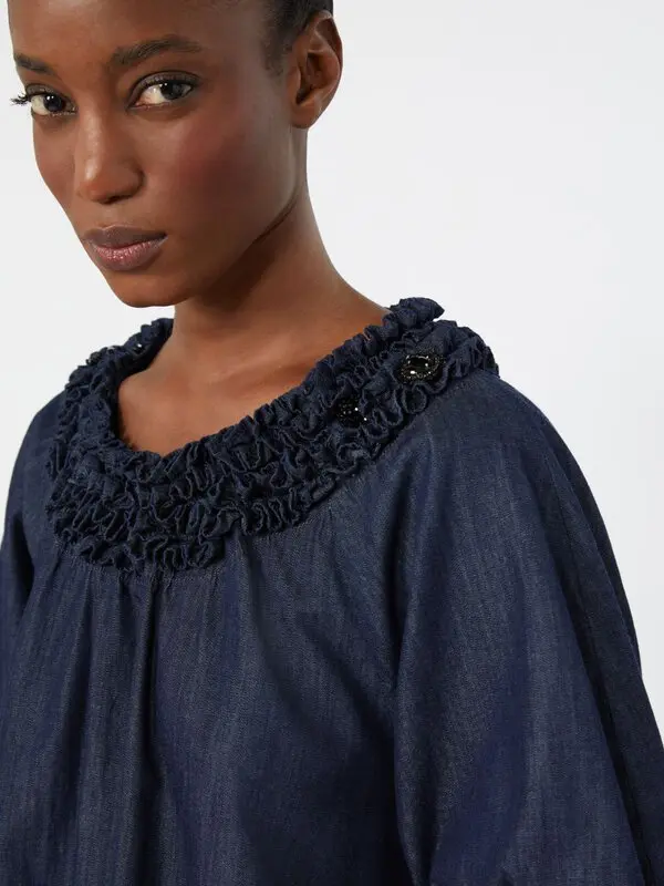 Max Mara Cotton Denim Blouse With Ruffled Neckline And Jewel Embroidery