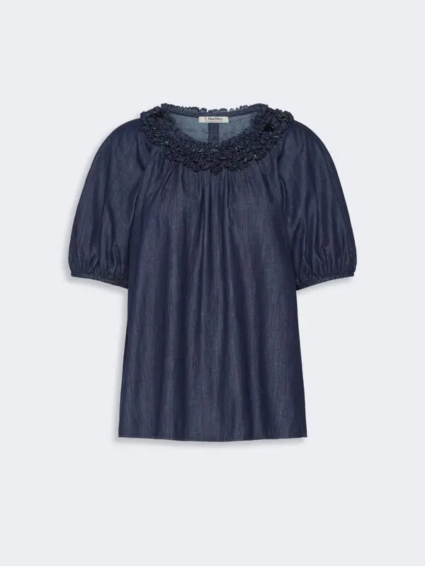 Max Mara Cotton Denim Blouse With Ruffled Neckline And Jewel Embroidery