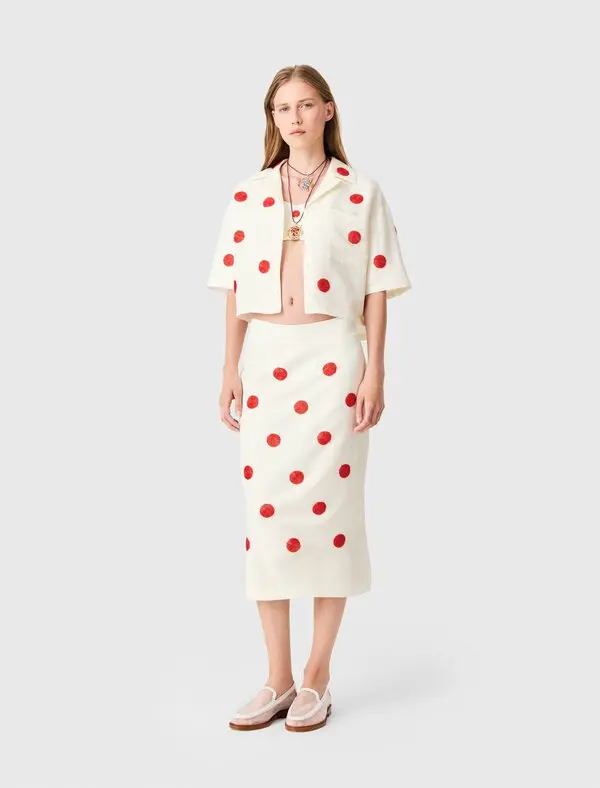 Maje Embroidered Linen-silk Pencil Skirt With Red Beaded Polka Dots