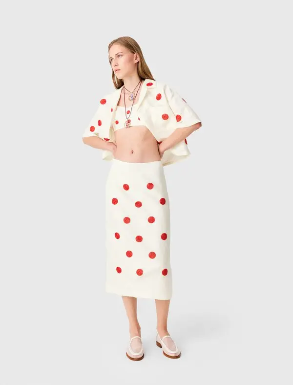 Maje Embroidered Linen-silk Pencil Skirt With Red Beaded Polka Dots