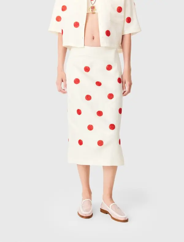 Maje Embroidered Linen-silk Pencil Skirt With Red Beaded Polka Dots