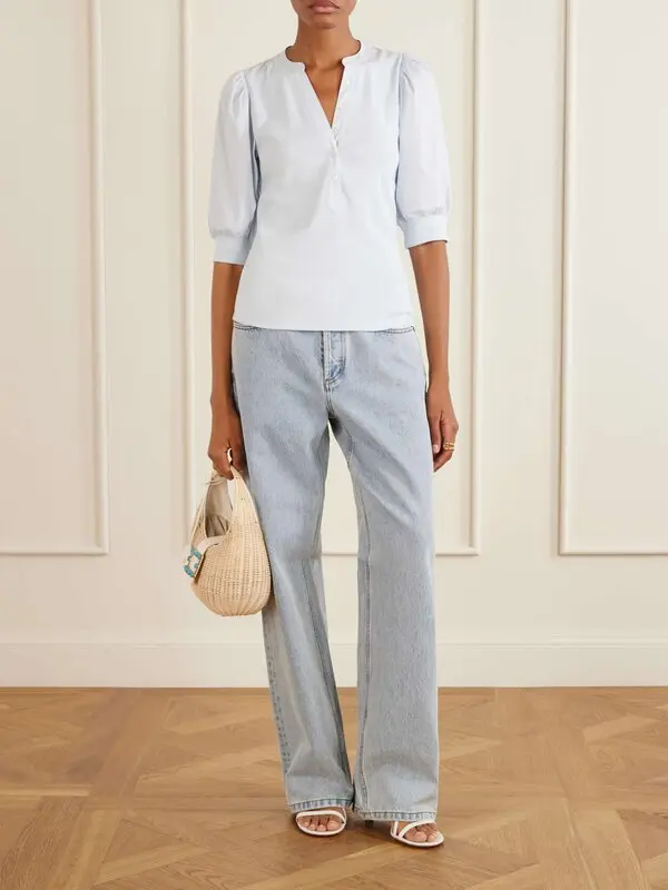 Veronica Beard Coralee Poplin And Ribbed Stretch-pima Cotton-jersey Top