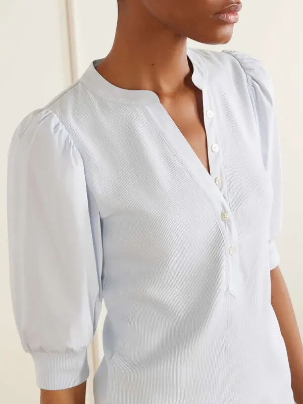 Veronica Beard Coralee Poplin And Ribbed Stretch-pima Cotton-jersey Top