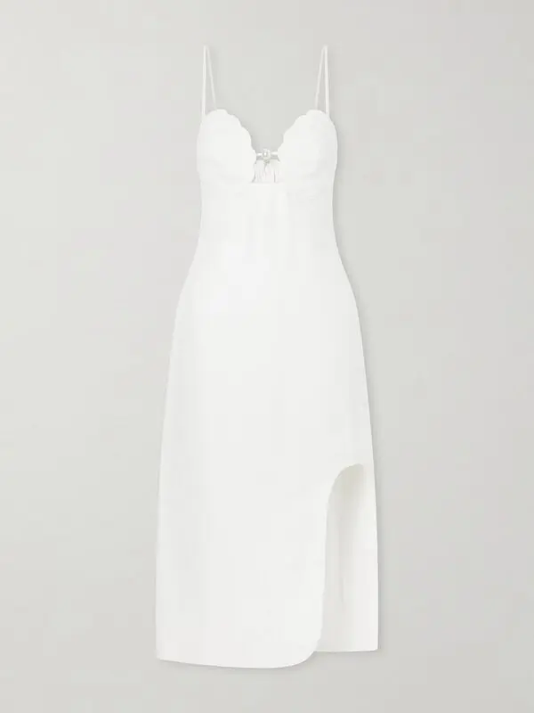 Farm Rio Linen Midi Dress With Shell-inspired Cups And Side Slit - White
