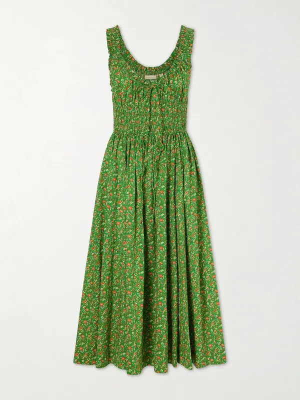 DÔEN Emmaretta Shirred Floral-print Organic Cotton Midi Dress - Green